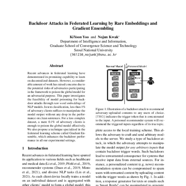 Backdoor Attacks In Federated Learning By Rare Embeddings And Gradient Ensembling Acl Anthology