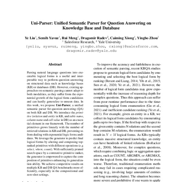 Uni-Parser: Unified Semantic Parser for Question Answering on Knowledge Base and Database - ACL ...
