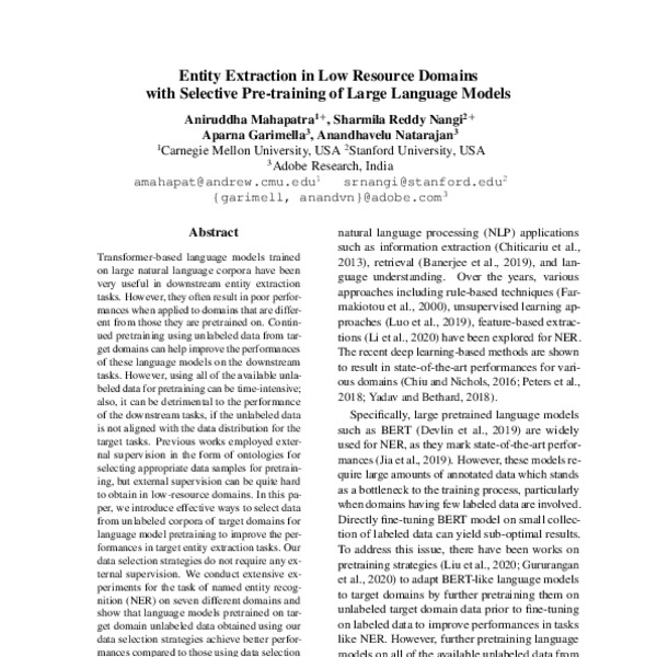 Entity Extraction in Low Resource Domains with Selective Pre-training of Large Language Models ...