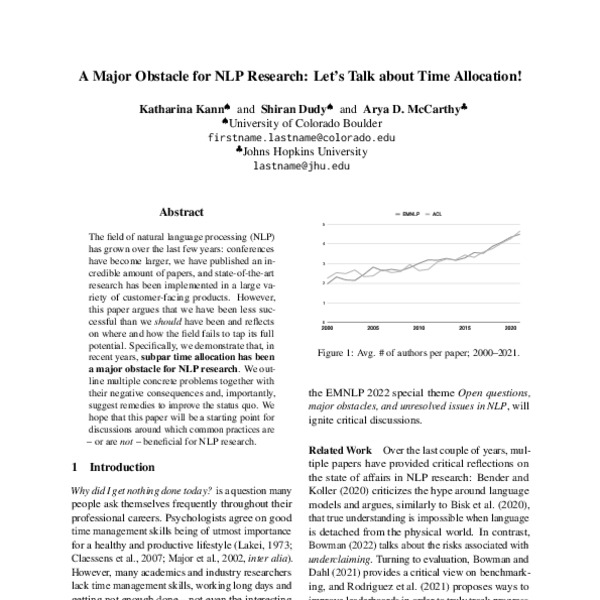 A Major Obstacle for NLP Research: Let’s Talk about Time Allocation ...