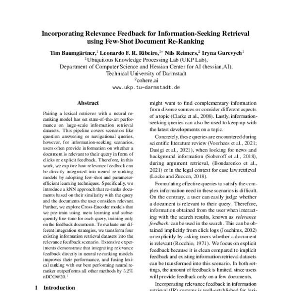 Incorporating Relevance Feedback for Information-Seeking Retrieval using Few-Shot Document Re ...
