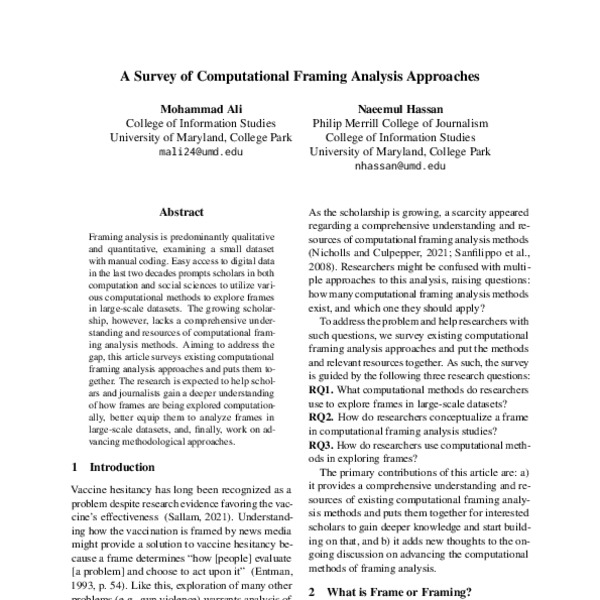 A Survey of Computational Framing Analysis Approaches - ACL Anthology