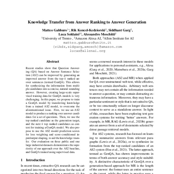 Knowledge Transfer from Answer Ranking to Answer Generation - ACL Anthology