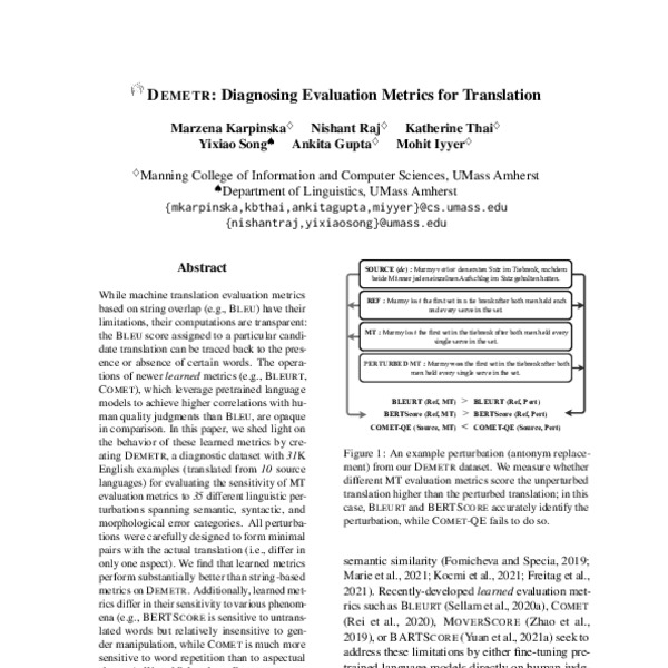 DEMETR: Diagnosing Evaluation Metrics for Translation - ACL Anthology