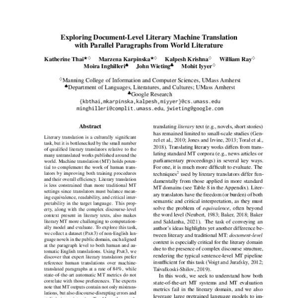 Exploring Document-Level Literary Machine Translation with Parallel Paragraphs from World ...