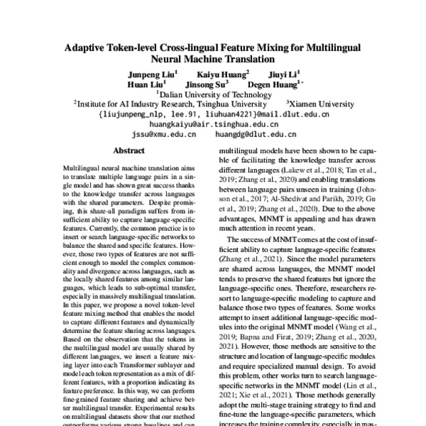Adaptive Token-level Cross-lingual Feature Mixing for Multilingual Neural Machine Translation ...