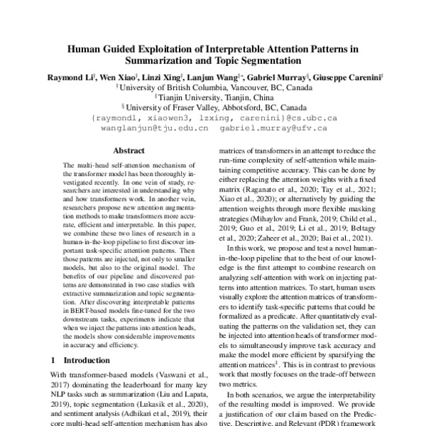 Human Guided Exploitation Of Interpretable Attention Patterns In Summarization And Topic