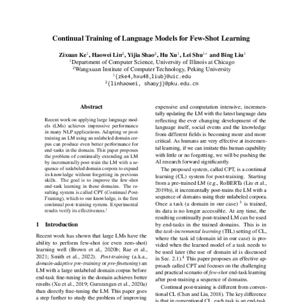Continual Training of Language Models for Few-Shot Learning - ACL Anthology