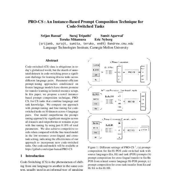 PRO-CS : An Instance-Based Prompt Composition Technique for Code-Switched Tasks - ACL Anthology