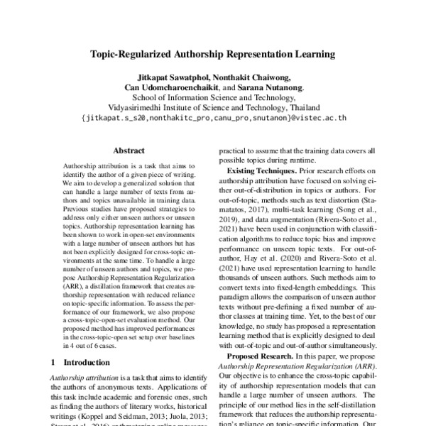 Topic-Regularized Authorship Representation Learning - ACL Anthology