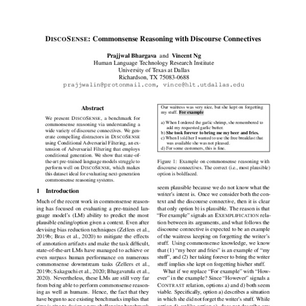 DiscoSense: Commonsense Reasoning with Discourse Connectives - ACL Anthology