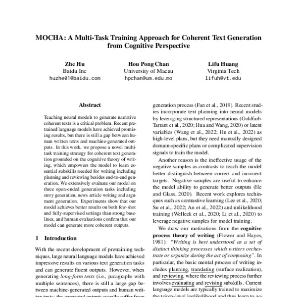 MOCHA: A Multi-Task Training Approach for Coherent Text Generation from ...