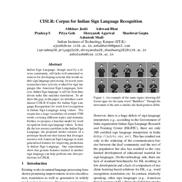 Cislr Corpus For Indian Sign Language Recognition Acl Anthology