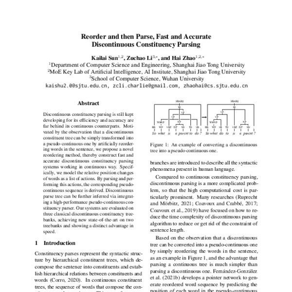 Reorder and then Parse, Fast and Accurate Discontinuous Constituency Parsing - ACL Anthology
