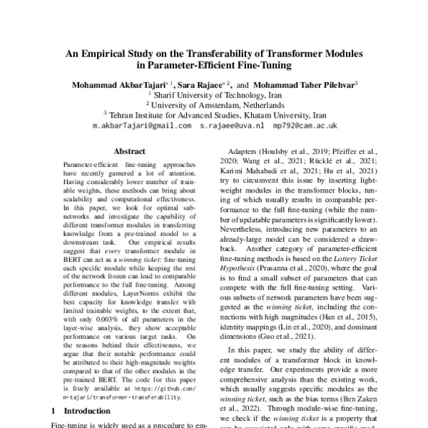 An Empirical Study on the Transferability of Transformer Modules in Parameter-efficient Fine ...