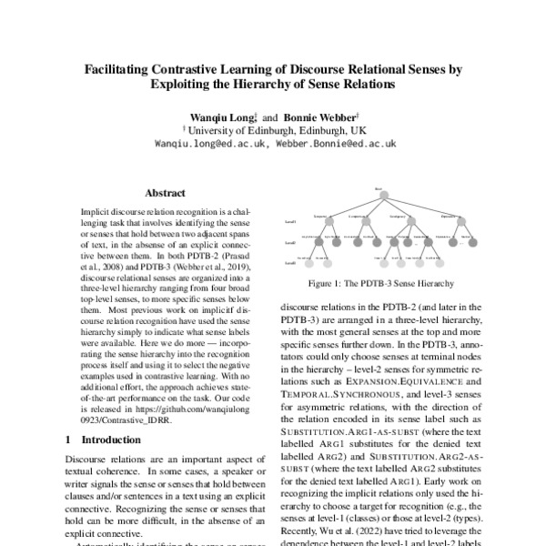 Facilitating Contrastive Learning of Discourse Relational Senses by Exploiting the Hierarchy of ...