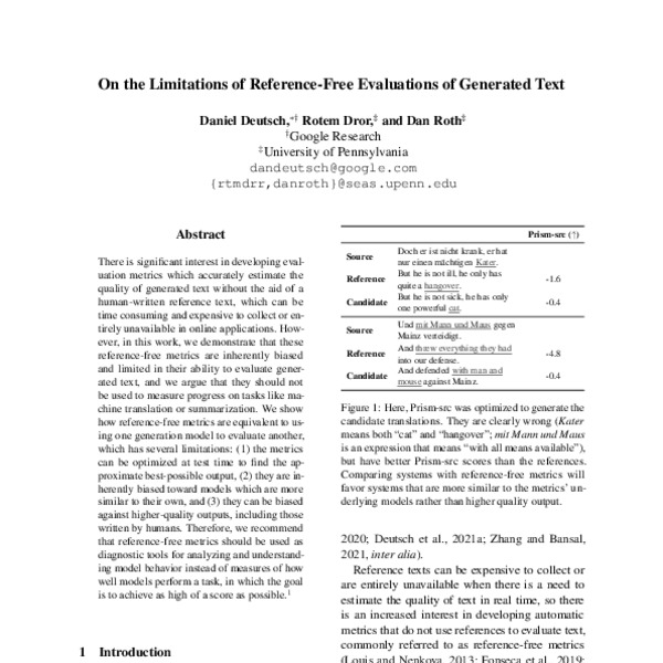 On the Limitations of Reference-Free Evaluations of Generated Text - ACL Anthology