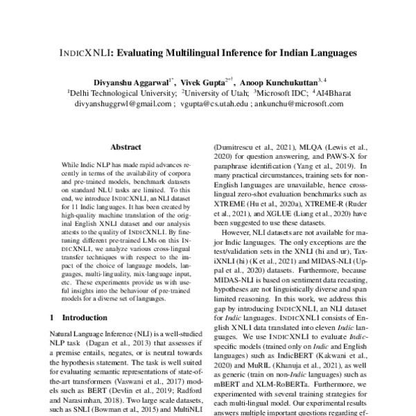 IndicXNLI: Evaluating Multilingual Inference for Indian Languages - ACL Anthology