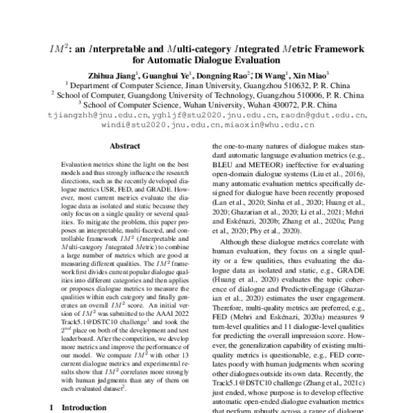 IM2: an Interpretable and Multi-category Integrated Metric Framework for Automatic Dialogue ...