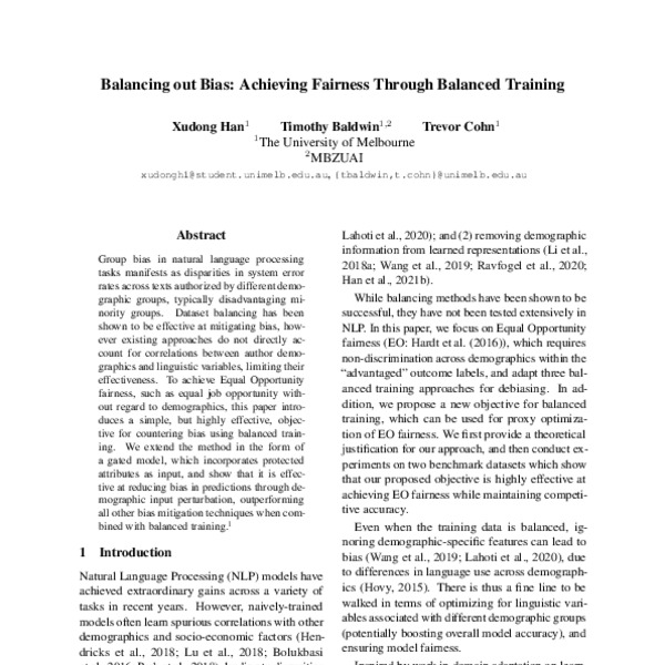 Balancing out Bias: Achieving Fairness Through Balanced Training - ACL ...