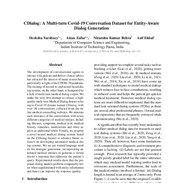CDialog: A Multi-turn Covid-19 Conversation Dataset for Entity-Aware Dialog Generation - ACL ...
