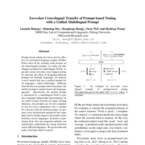 Zero-shot Cross-lingual Transfer of Prompt-based Tuning with a Unified Multilingual Prompt - ACL ...