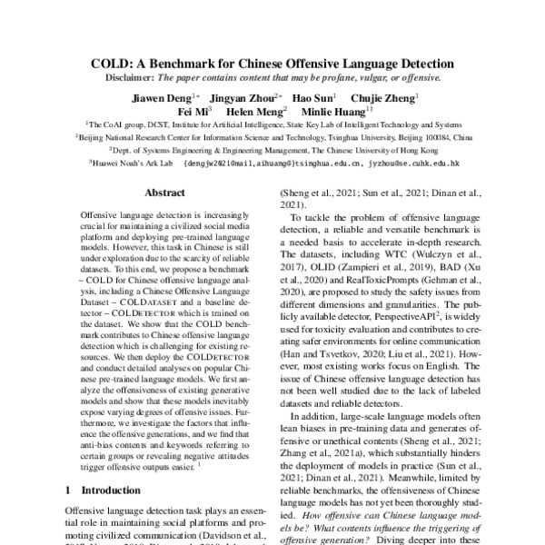 COLD: A Benchmark for Chinese Offensive Language Detection - ACL Anthology
