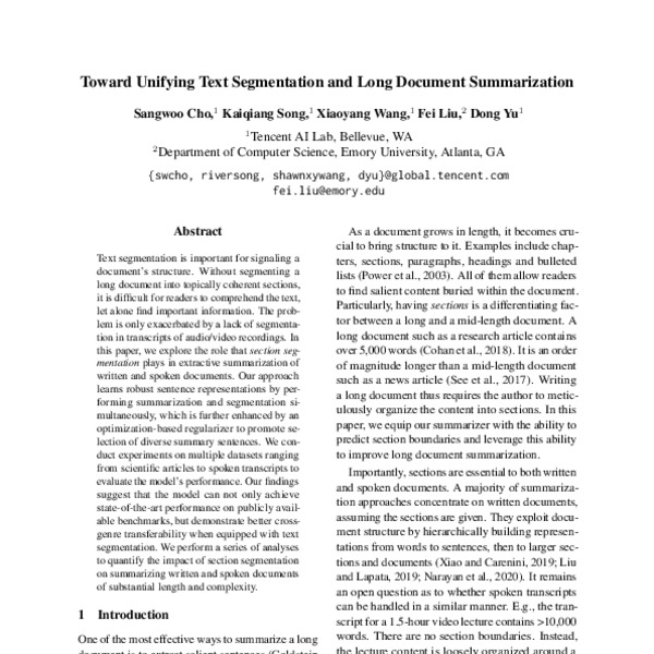 Toward Unifying Text Segmentation And Long Document Summarization Acl