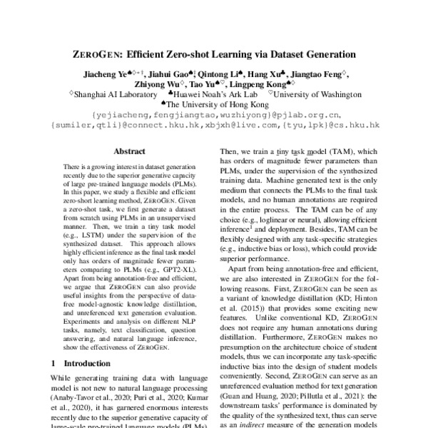 ZeroGen: Efficient Zero-shot Learning via Dataset Generation - ACL Anthology