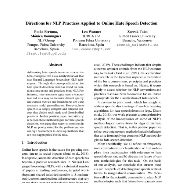 Directions For Nlp Practices Applied To Online Hate Speech Detection Acl Anthology