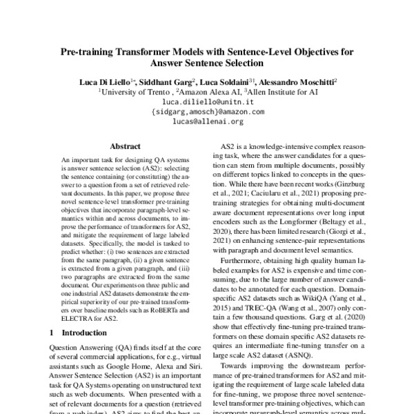 Pre-training Transformer Models with Sentence-Level Objectives for Answer Sentence Selection ...