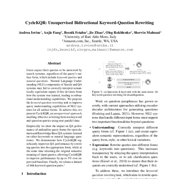 Cyclekqr Unsupervised Bidirectional Keyword Question Rewriting Acl