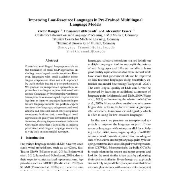 Improving Low-Resource Languages in Pre-Trained Multilingual Language Models - ACL Anthology