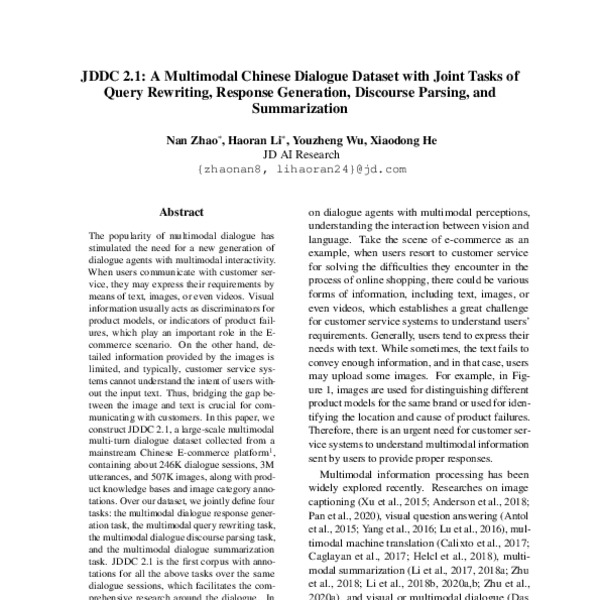 Jddc 21 A Multimodal Chinese Dialogue Dataset With Joint Tasks Of Query Rewriting Response
