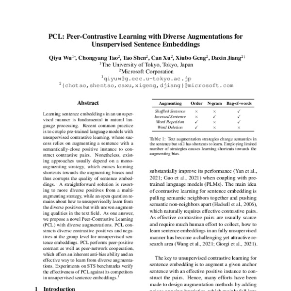 Pcl Peer Contrastive Learning With Diverse Augmentations For Unsupervised Sentence Embeddings