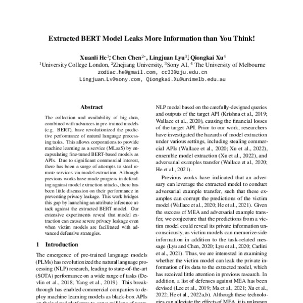 Extracted BERT Model Leaks More Information than You Think! - ACL Anthology