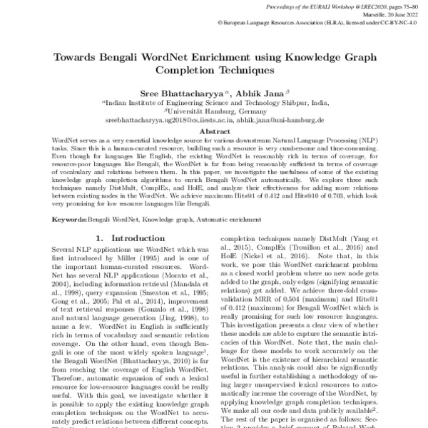Towards Bengali WordNet Enrichment using Knowledge Graph Completion Techniques - ACL Anthology