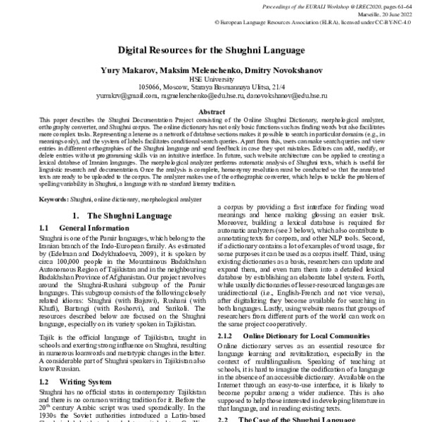 Digital Resources for the Shughni Language - ACL Anthology