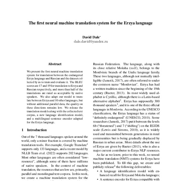 The first neural machine translation system for the Erzya language ...