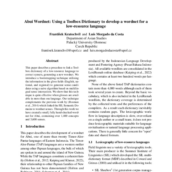 Abui Wordnet: Using a Toolbox Dictionary to develop a wordnet for a low ...