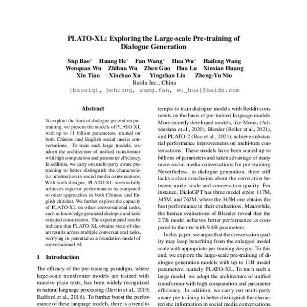 PLATO-XL: Exploring the Large-scale Pre-training of Dialogue Generation ...