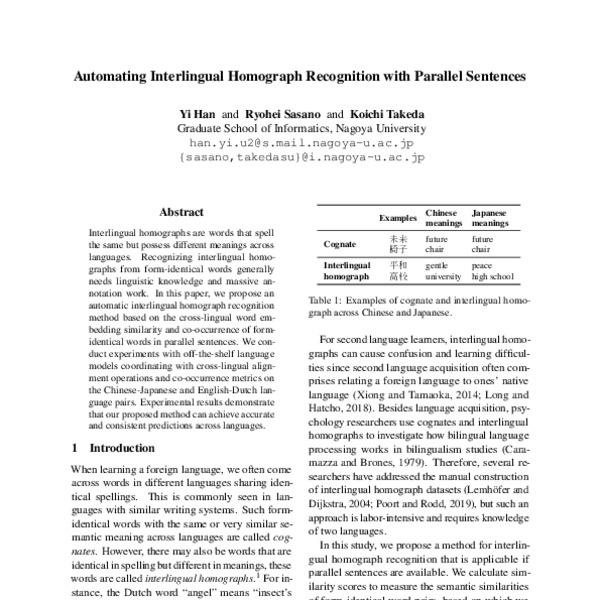 Automating Interlingual Homograph Recognition with Parallel Sentences - ACL Anthology