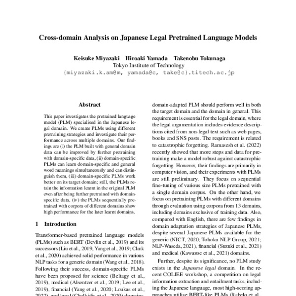 Cross-domain Analysis on Japanese Legal Pretrained Language Models - ACL Anthology