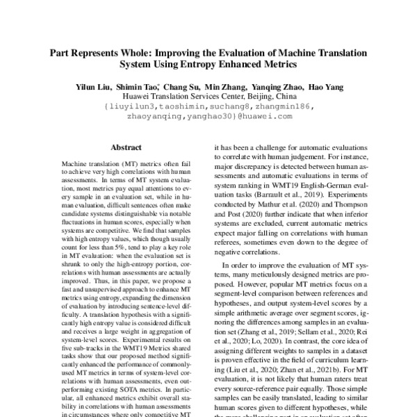 Part Represents Whole: Improving the Evaluation of Machine Translation System Using Entropy ...