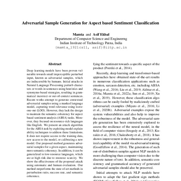 Adversarial Sample Generation for Aspect based Sentiment Classification - ACL Anthology