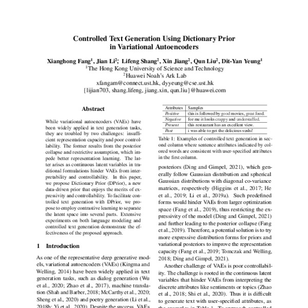 Controlled Text Generation Using Dictionary Prior in Variational Autoencoders - ACL Anthology