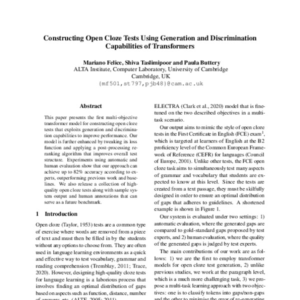 Constructing Open Cloze Tests Using Generation and Discrimination ...