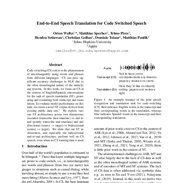 End-to-End Speech Translation for Code Switched Speech - ACL Anthology