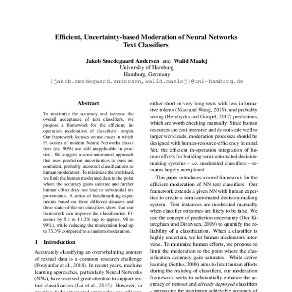 Efficient, Uncertainty-based Moderation of Neural Networks Text Classifiers - ACL Anthology