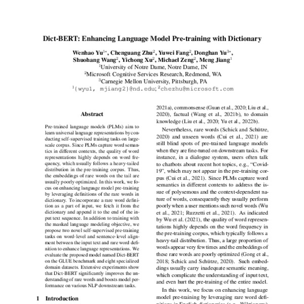 Dict-BERT: Enhancing Language Model Pre-training with Dictionary - ACL ...